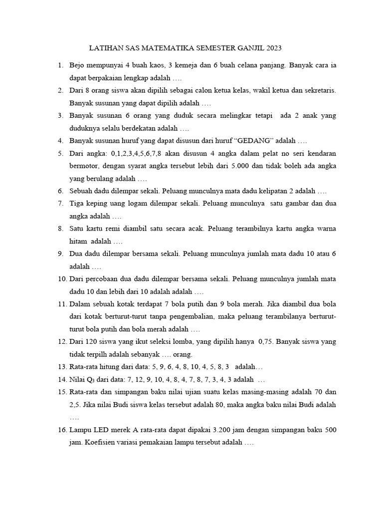 Latihan Soal Sas Mat Ganjil 2023 | PDF