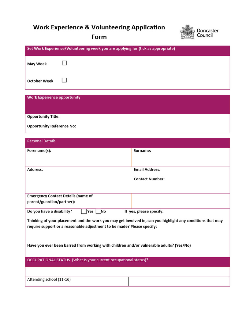 Work Experience Volunteering Application Form | PDF