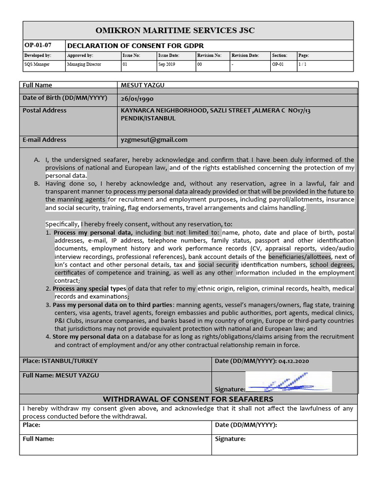 OP 01-07 - Declaration of Consent For GDPR.. | PDF
