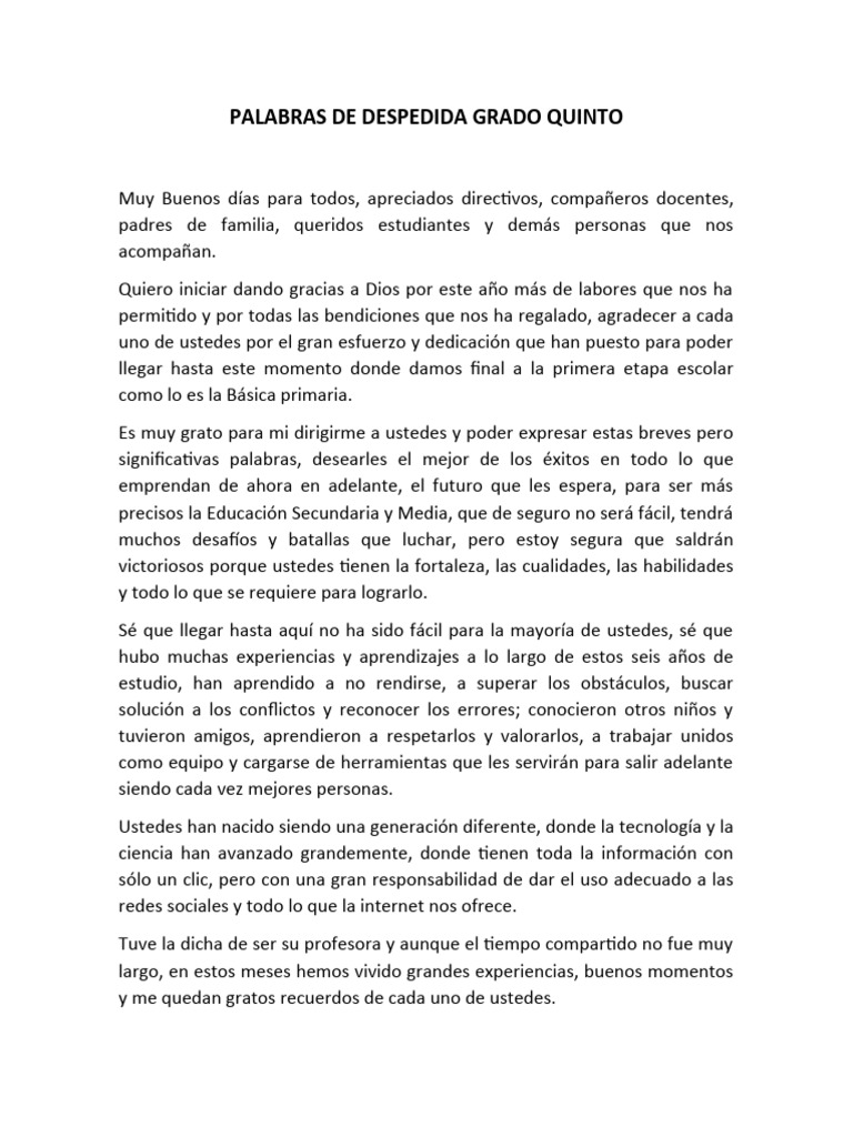 Palabras de Despedida Grado Quinto | PDF | Enseñando | Maestros