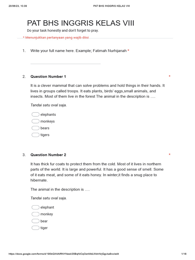 PAT BHS INGGRIS KELAS VIII SEM 2 - Google Formulir | PDF