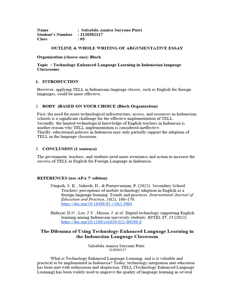 ARGUMENTATIVE ESSAY - The Dilemma of Using Technology-Enhanced Language ... ARGUMENTATIVE ESSAY - The Dilemma of Using Technology-Enhanced Language ...
