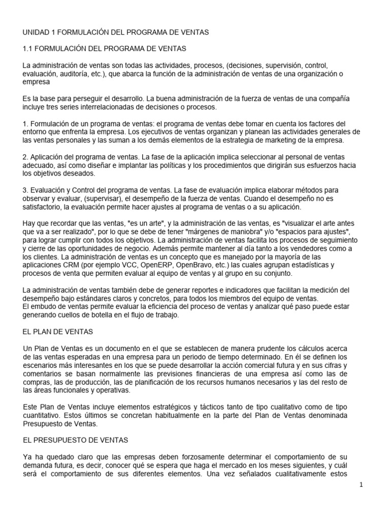 Unidad 1 Formulación Del Programa de Ventas | PDF | Business | Negocios ...