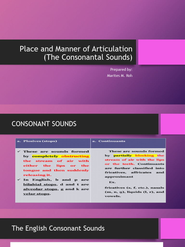 Place and Manner of Articulation Consonants | Download Free PDF ...