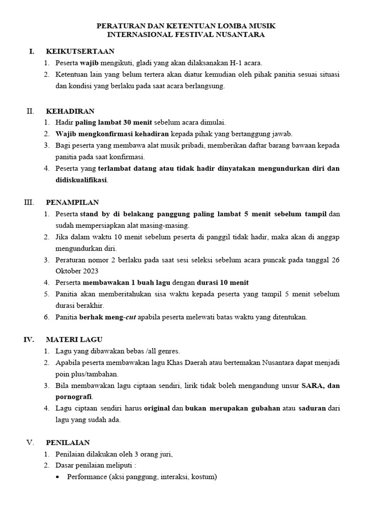 Aturan Lomba Musik Festival Nusantara | PDF