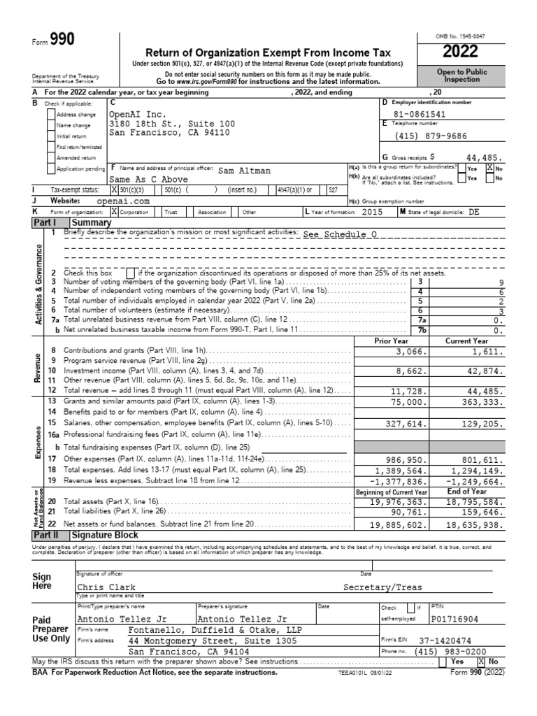 OpenAI Form 990 (2022) | PDF | Irs Tax Forms | Public Finance