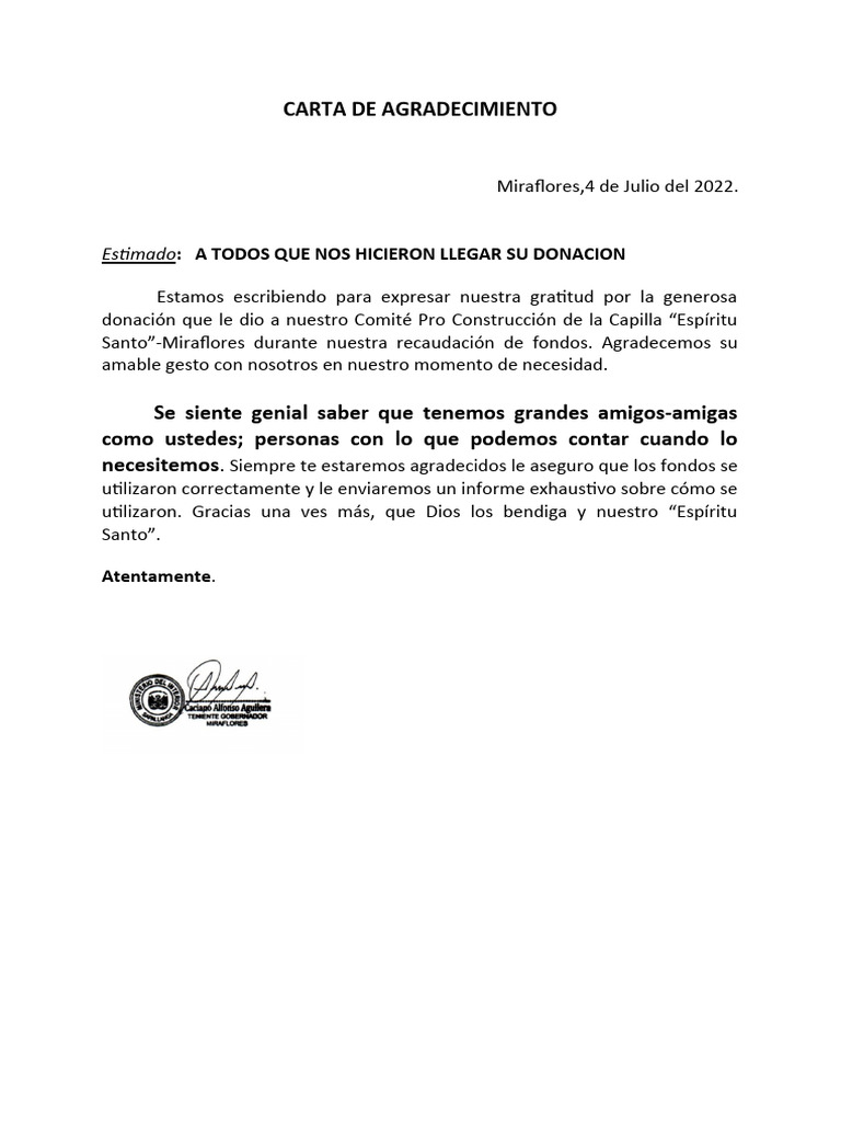 Agradecimiento por Donación Recibida | PDF