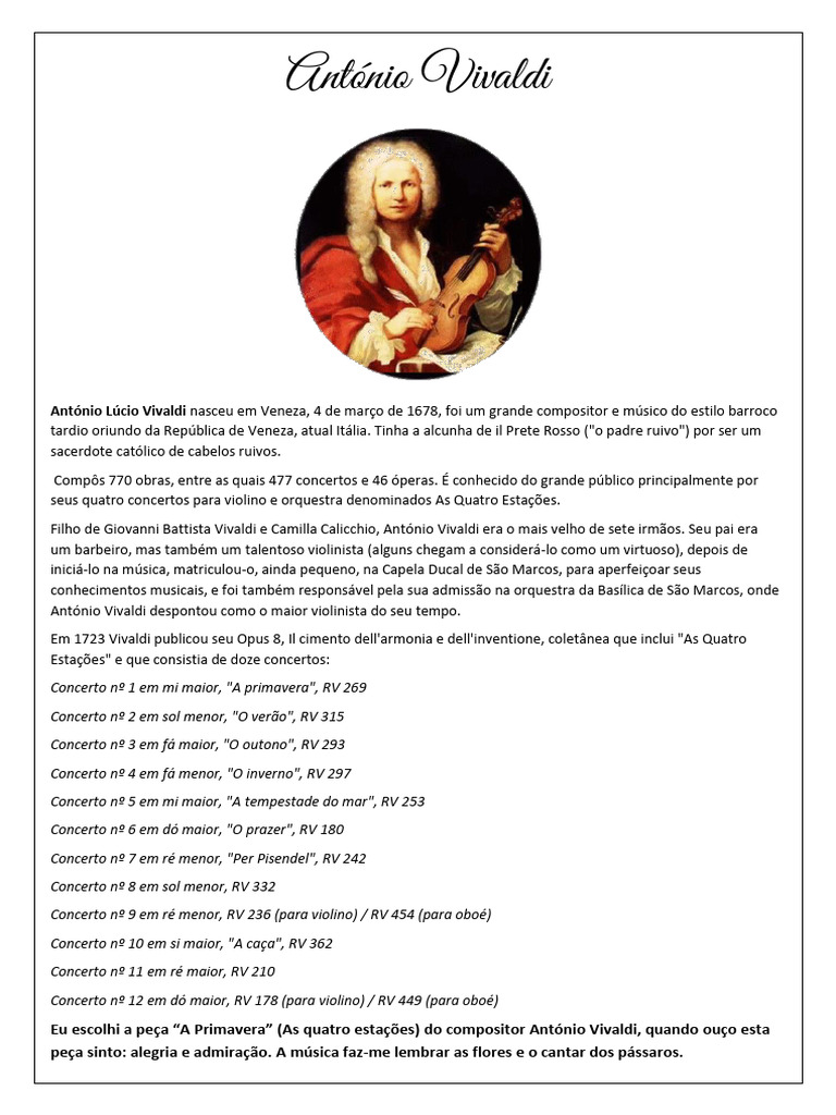 Biografia de António Vivaldi | PDF | Poesia | Clássicos