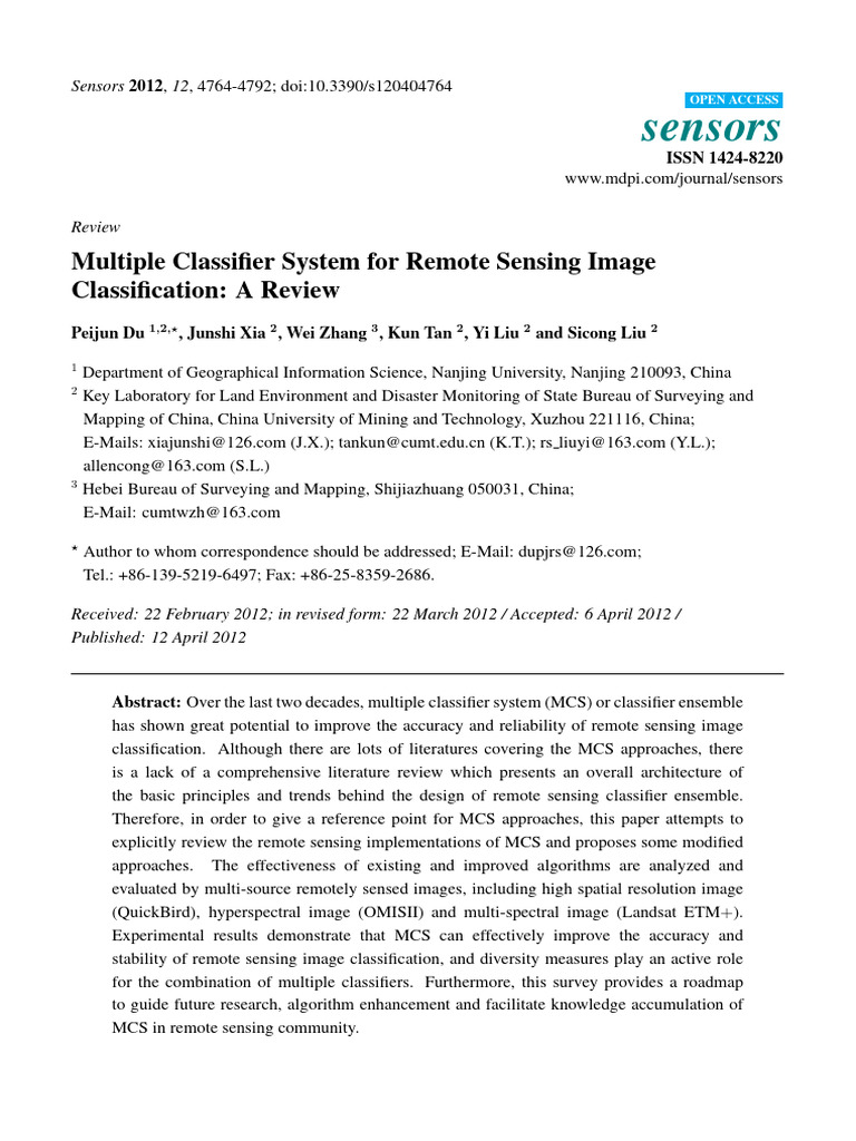 Multiple Classifier System For Remote Sensing Image Classification A Review Pdf Statistical