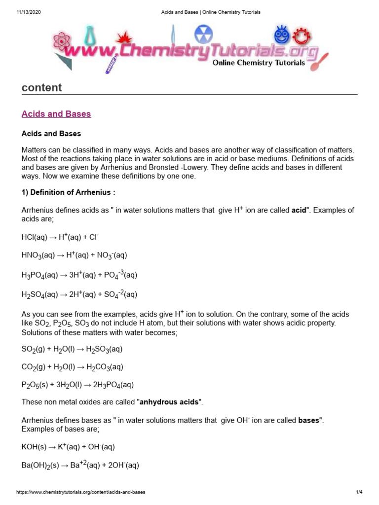 Acids and Bases - Online Chemistry Tutorials | PDF | Acid | Analytical Chemistry