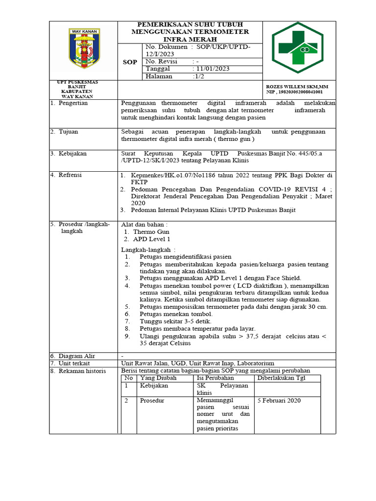 SOP PEMERIKSAAN SUHU MENGGUNAKAN THERMOMETER INFRA MERAHh | PDF