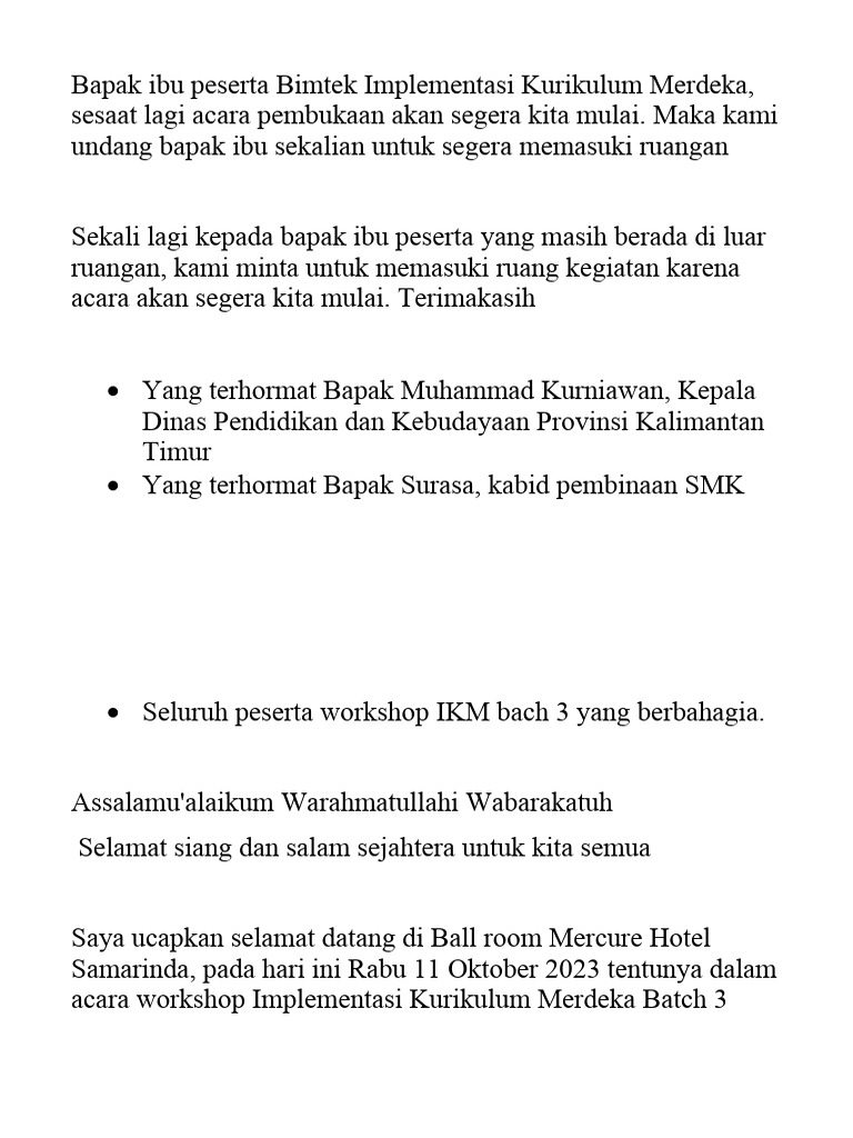 Teks MC Pembukaan Workshop Ikm | PDF | Karier & Perkembangan