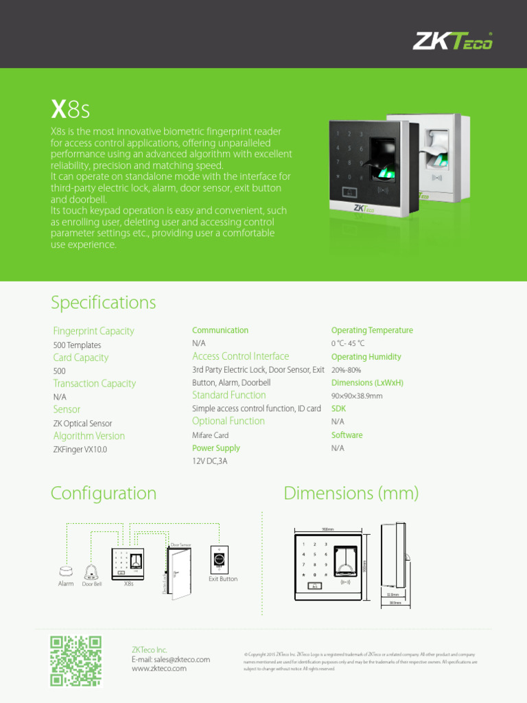 Datasheet Mesin Zkteco X8s | PDF | Access Control | Information Technology
