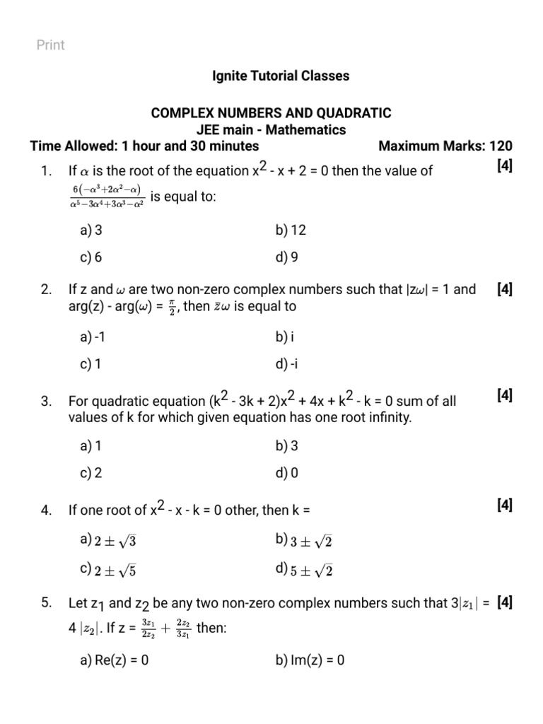 Complex Numbers and Quadratic Equation Questions Paper | PDF