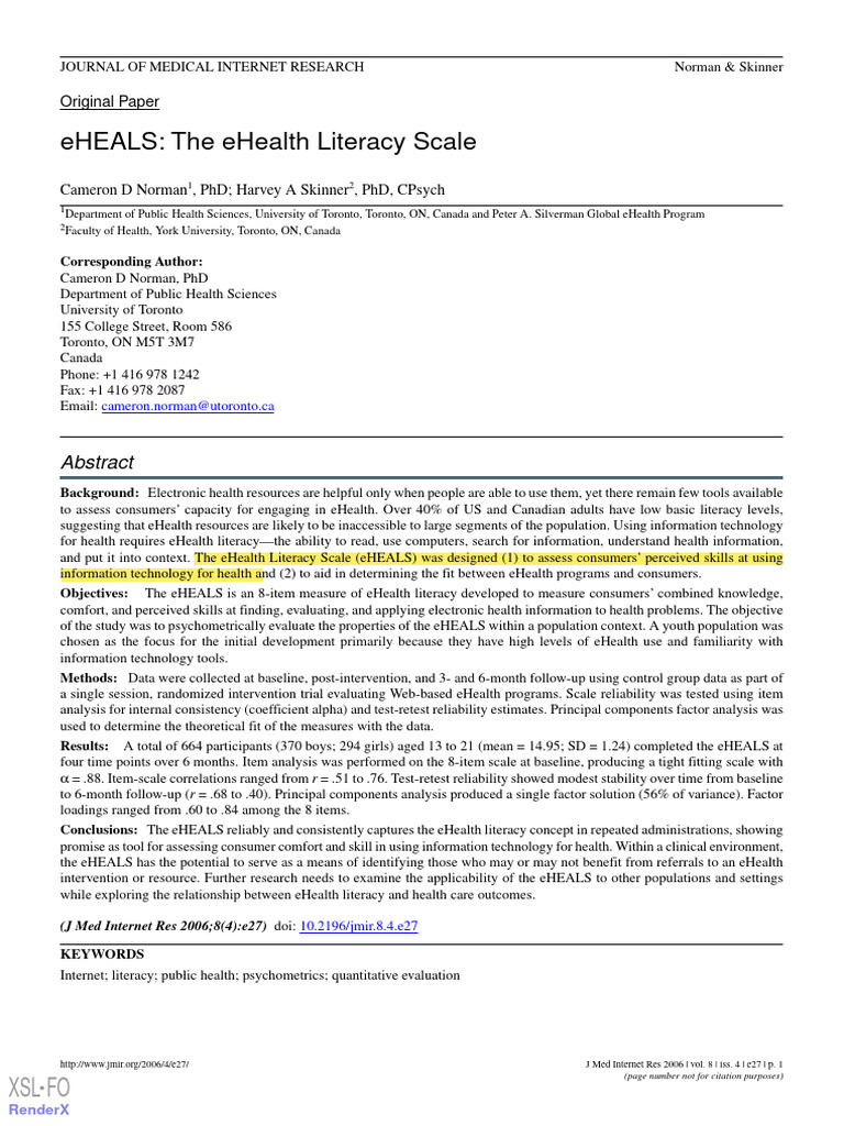 eHealth Literacy Scale (eHEALS) Evaluation | PDF | Self-Improvement ...