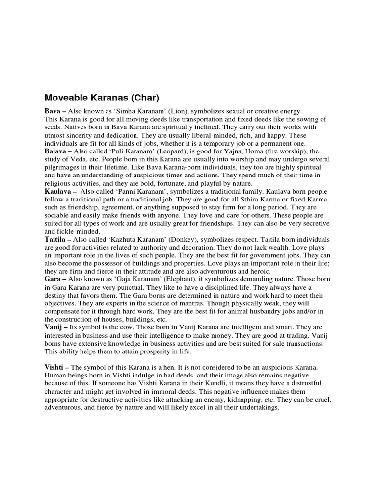 Different Karanam in Astrology and What They Signify | PDF