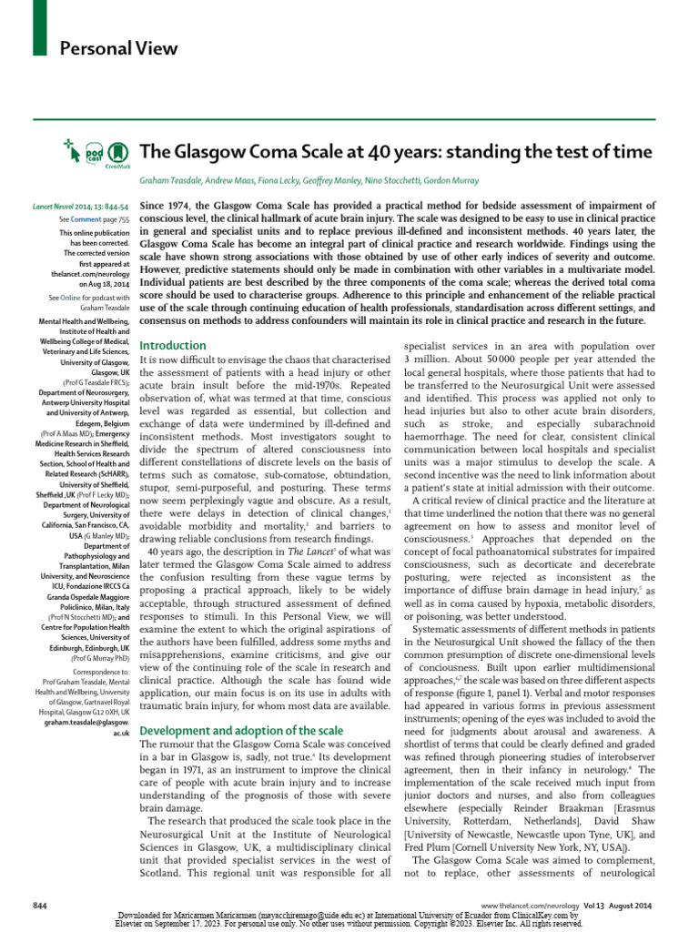 Glasgow Come Scale | PDF | Coma | Traumatic Brain Injury