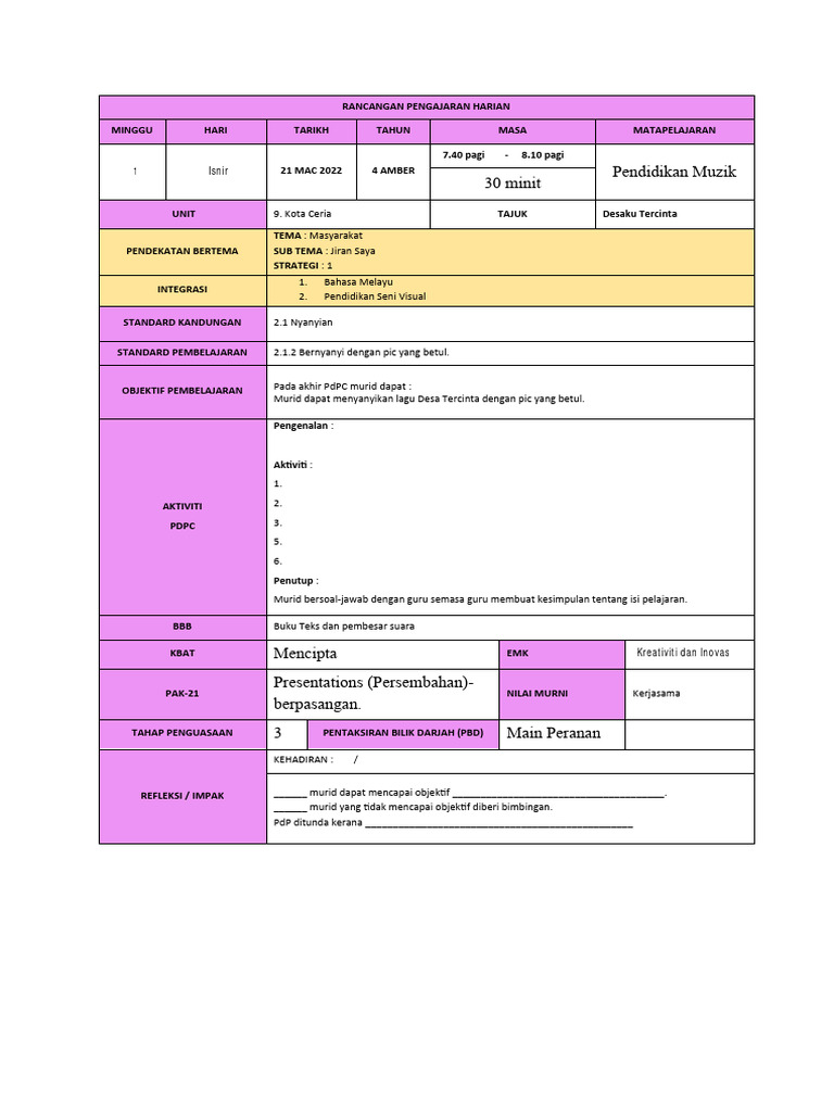 RPH Pendekatan Bertema Muzik Tahun 4 | PDF