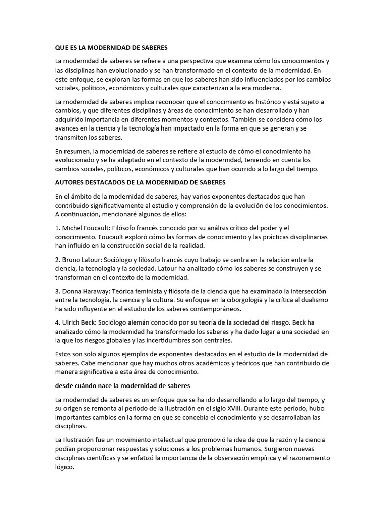 Que Es La Modernidad de Saberes | PDF | Modernidad | Conocimiento