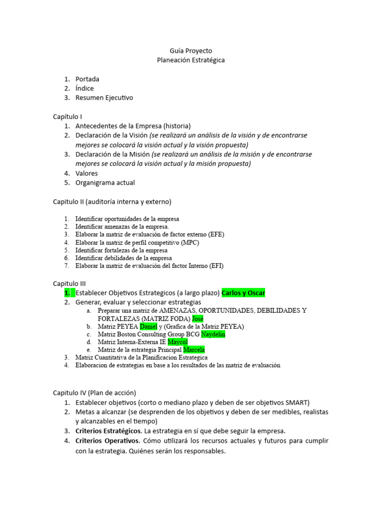 Guia Elaboracion Proyecto Final de Clase Planeacion Estrategica | PDF | Planificación ...