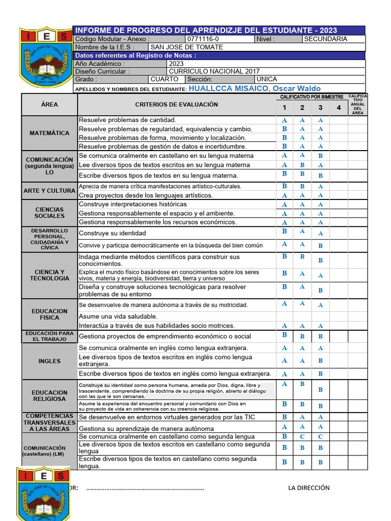 INFORME DE PROGRESO ESTUDIANTE 4° TOMATE | PDF | Segundo lenguaje ...