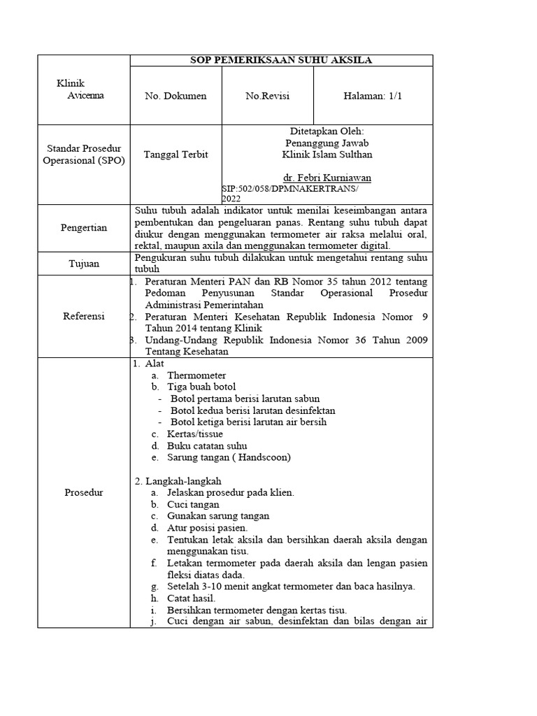 Sop Pemeriksaan Suhu Aksila | PDF | Kesehatan Holistik