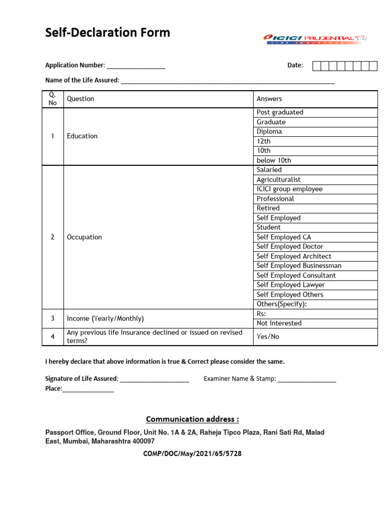 Self-Declaration Form: Communication Address | PDF | Business | Labor