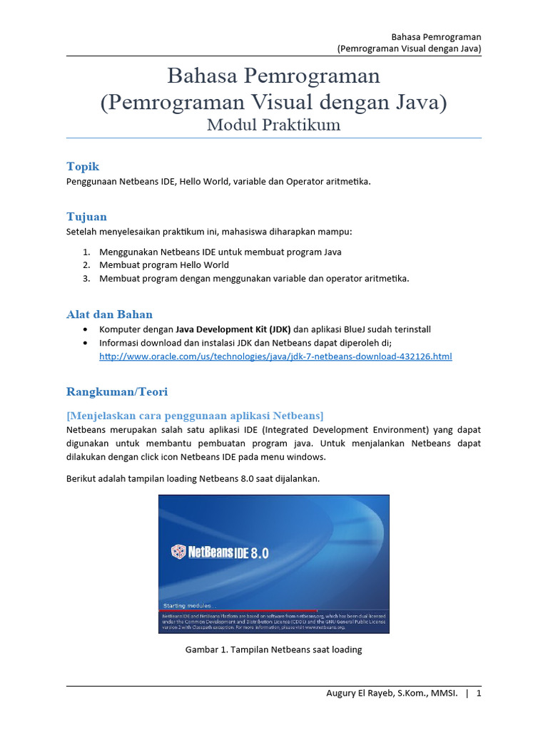 Handout IST103 IST103 Bahasa Pemrograman 02 Intro IDE Netbeans Hello World Variable Praktikum ...