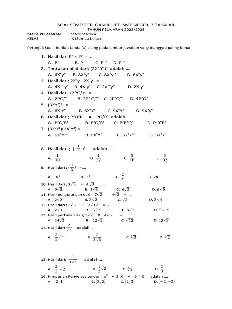 Soal MTK KLS 9 | PDF