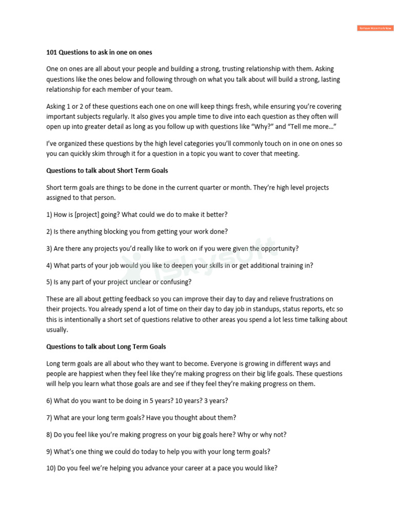 101 Questions To Ask in One One 1 Meeting | PDF | Behavioural Sciences ...