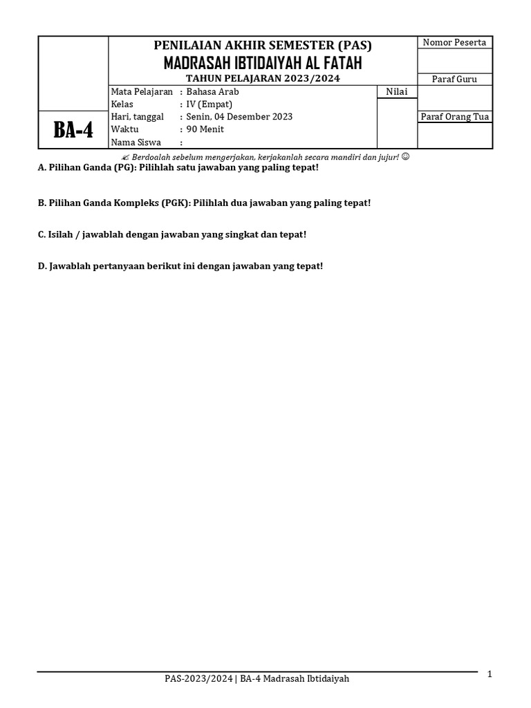 AL FATAHSoal PAS-2023-2024 BA-4 | PDF