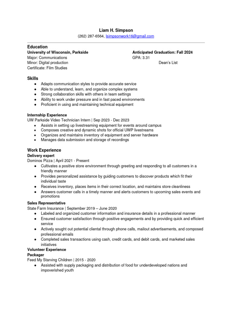 Liam H. Simpson - Communications Student Resume | PDF