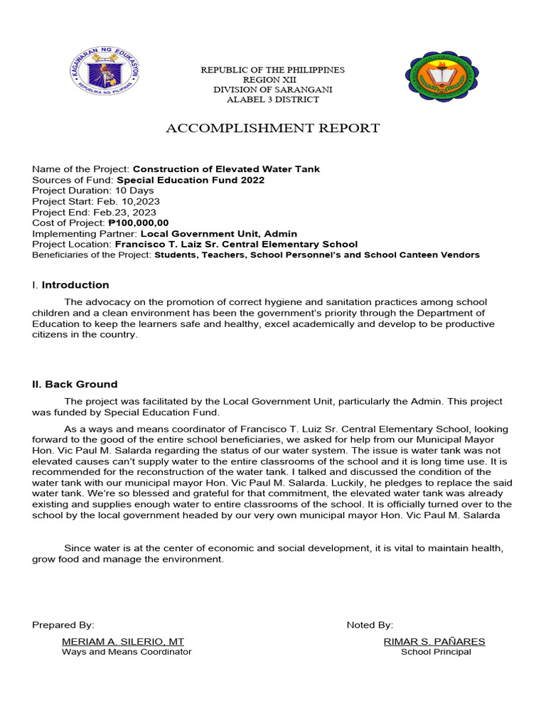 ACCOMPLISHMENT REPORT- Construction of Elevated Water Tank | PDF ...