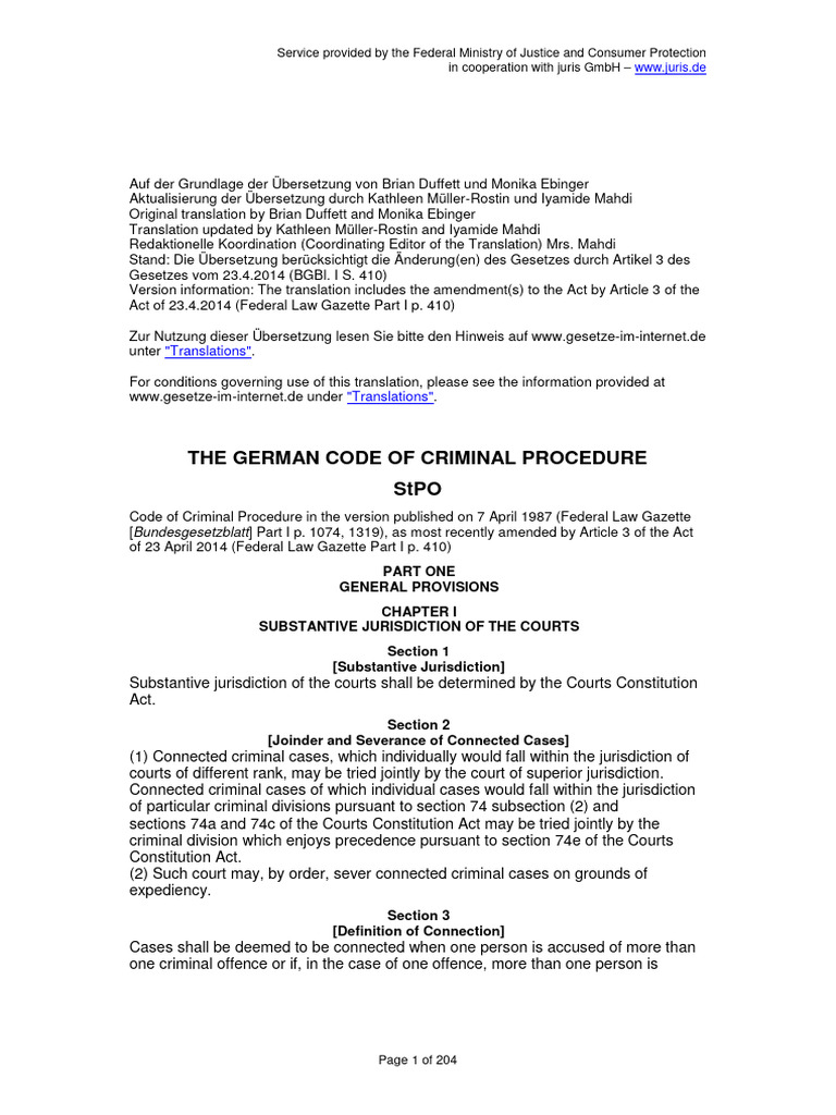 German Code of Criminal Procedure Overview | PDF | Court System Of ...