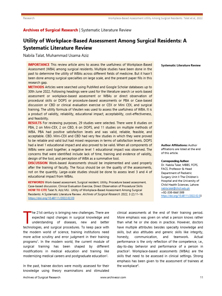 Utility of Work Based Assessment Among Surgical Residents: A Systematic ...