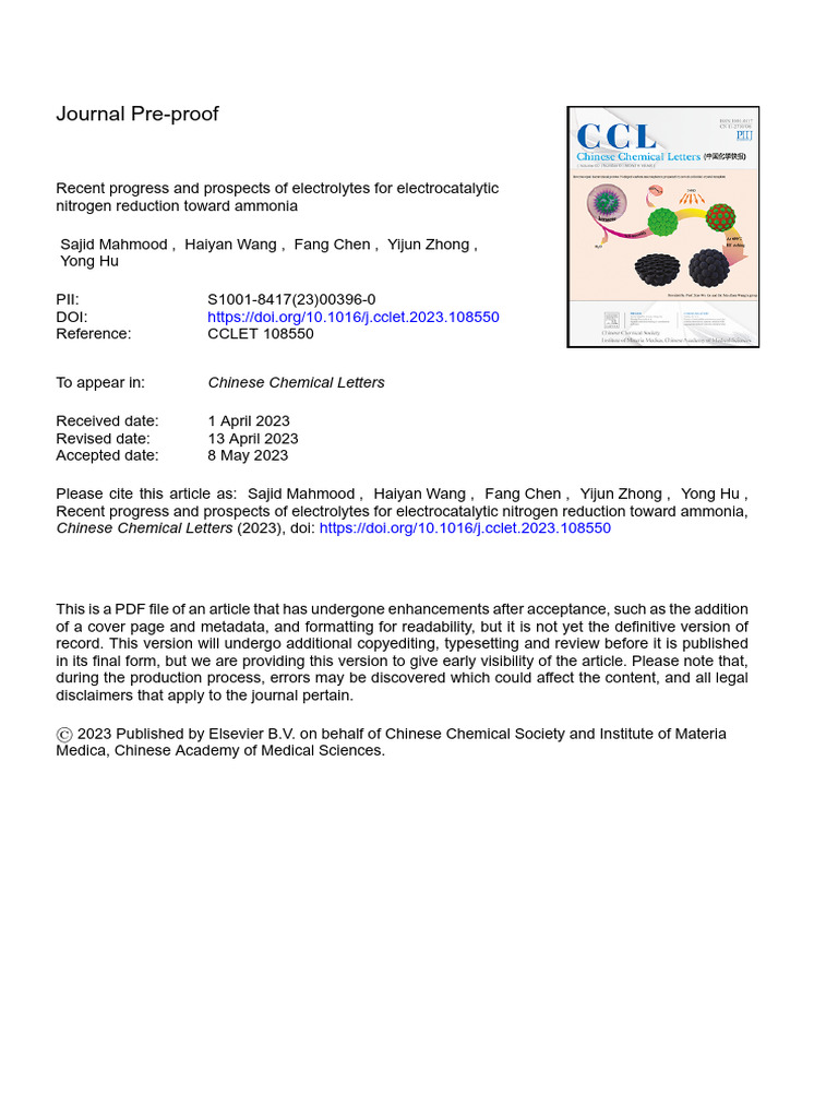 Electrolytes for Nitrogen Reduction to Ammonia | PDF | Ammonia ...