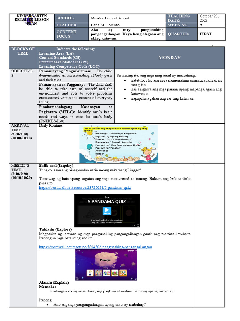 Kinder DLP q1 Week 9 Day 1 | PDF