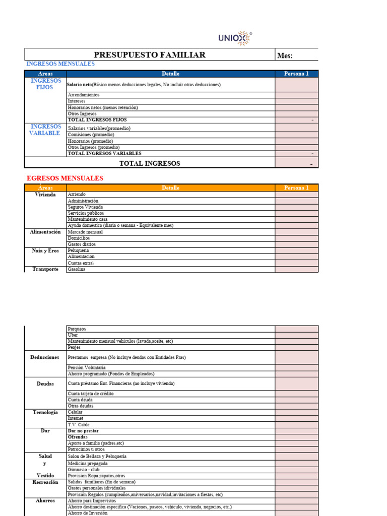 Plantilla Presupuesto Familiar | PDF | Ahorro | Economias