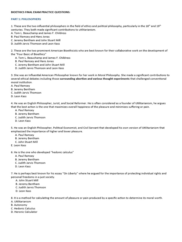 Bioethics Final Exam Practice Questions | PDF