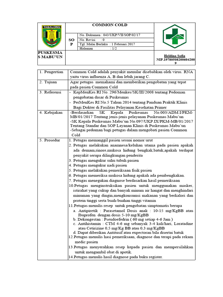 7.2.1.3 Sop Common Cold | PDF | Kesehatan Holistik