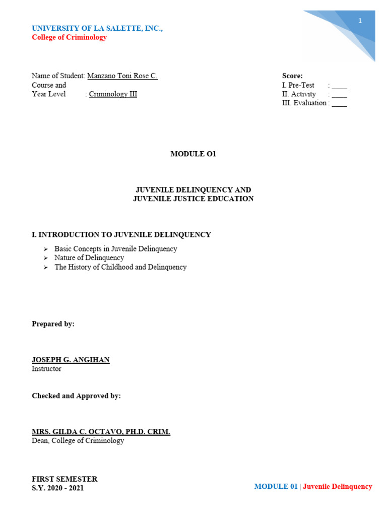Module 1 - Juvenile Delinquency and Juvenile Justice System | PDF | Juvenile Delinquency | Crimes