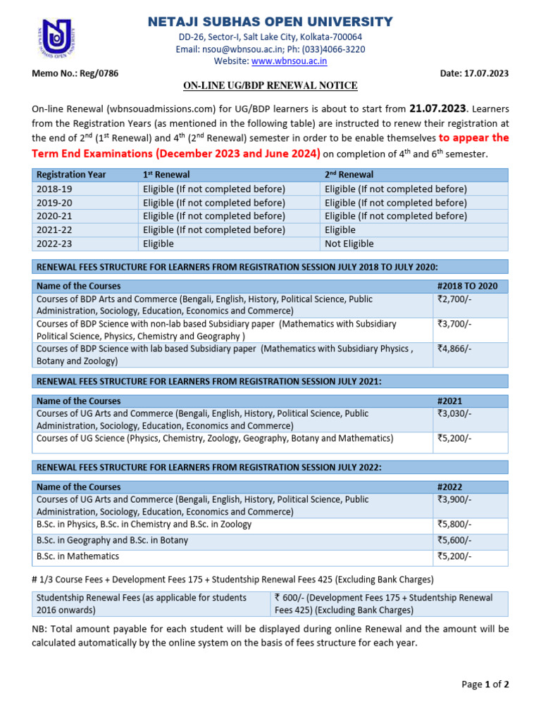 NSOU UGBDP Renewal Notification 2023 | PDF | Science