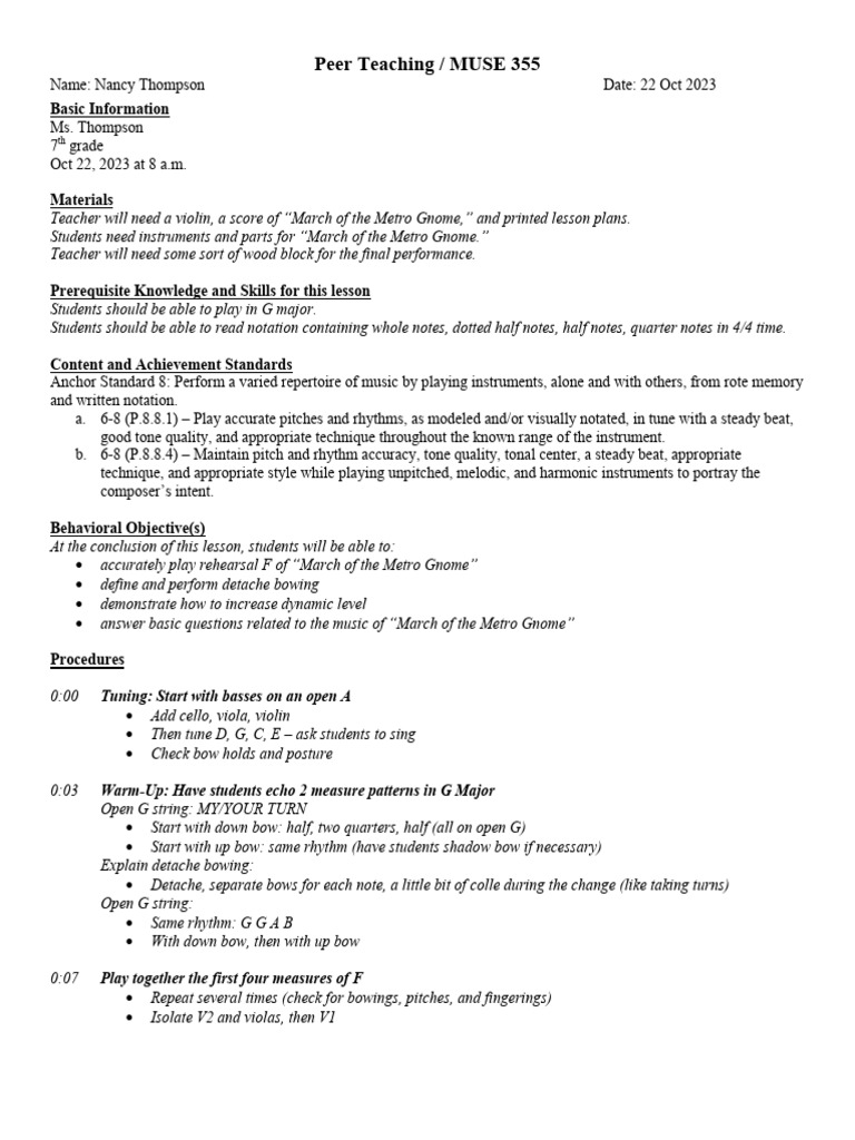 March of The Metro Gnome Lesson Plan | Download Free PDF | Violin | Cello