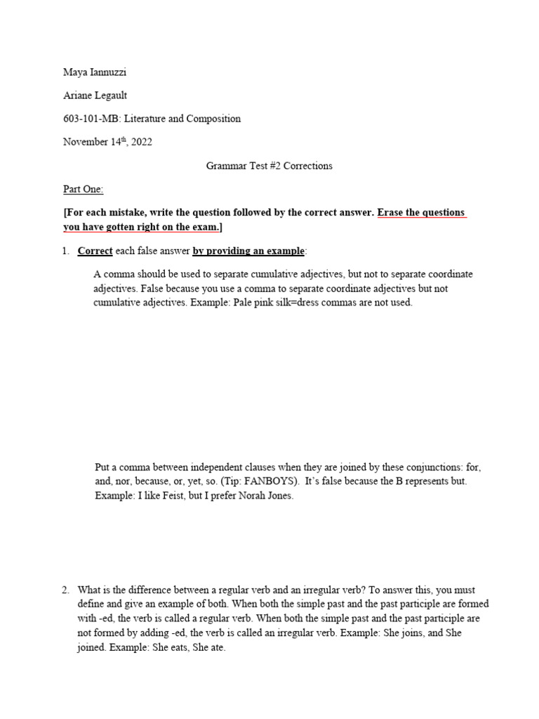 Grammar Test 2 CORRECTION Format | PDF | Verb | Grammatical Number