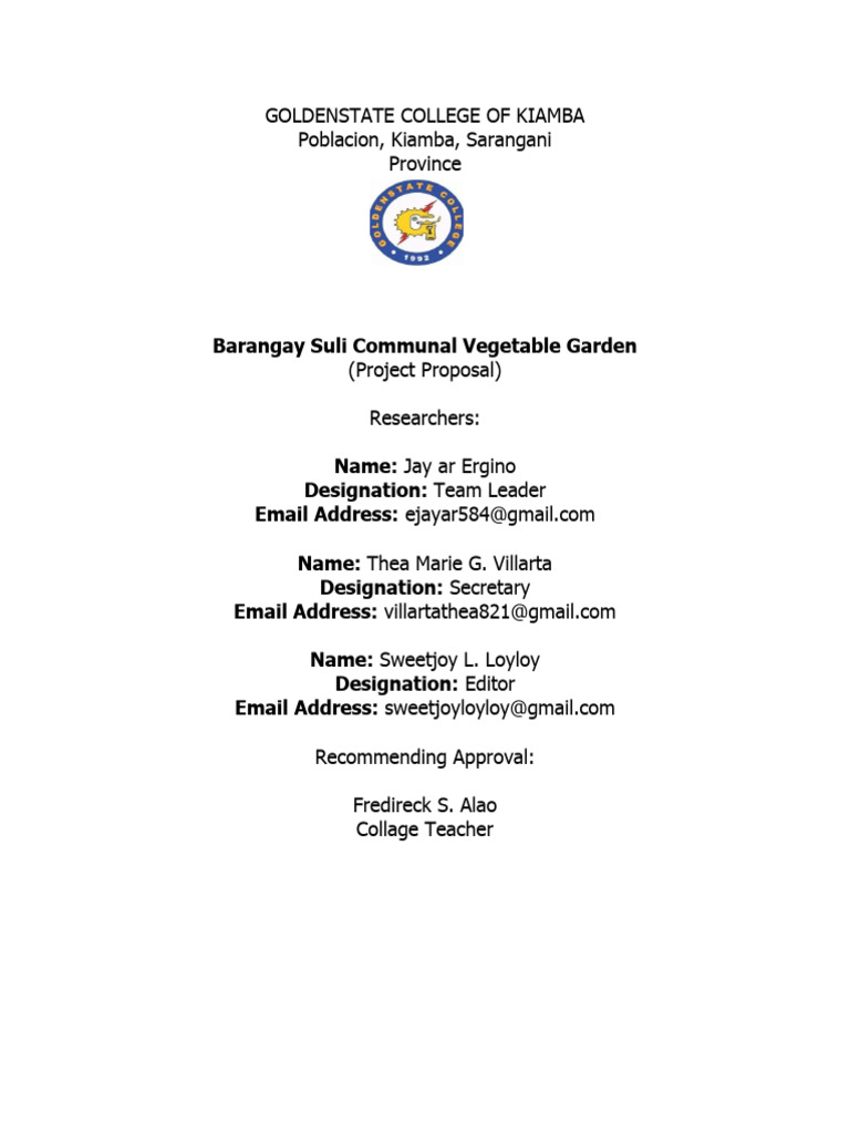GOLDENSTATE COLLEGE OF KIAMBA PROJECT PROPOSAL | PDF