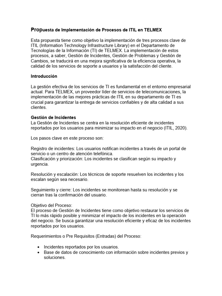 Propuesta de Implementación de Procesos de ITIL en TELMEX | PDF ...