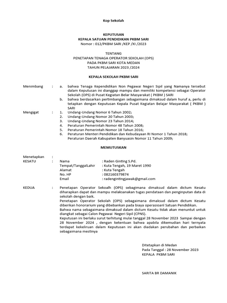 Format SK Operator PKBM SARI Dan Permohonan Akun Dapodik | PDF