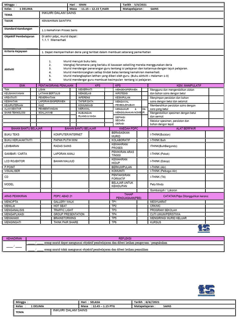 RPH Sains Pak21 Tahun 1 | PDF