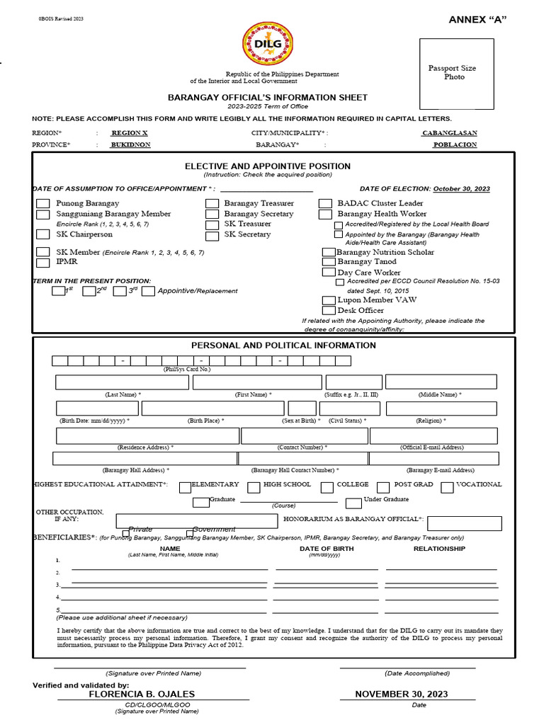 11.06.23 Annex A BOIS Form Revised 2023 | PDF