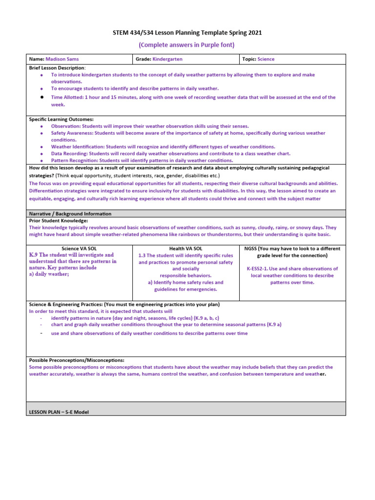 Kindergarten Weather Patterns Lesson Plan | PDF | Learning | Weather